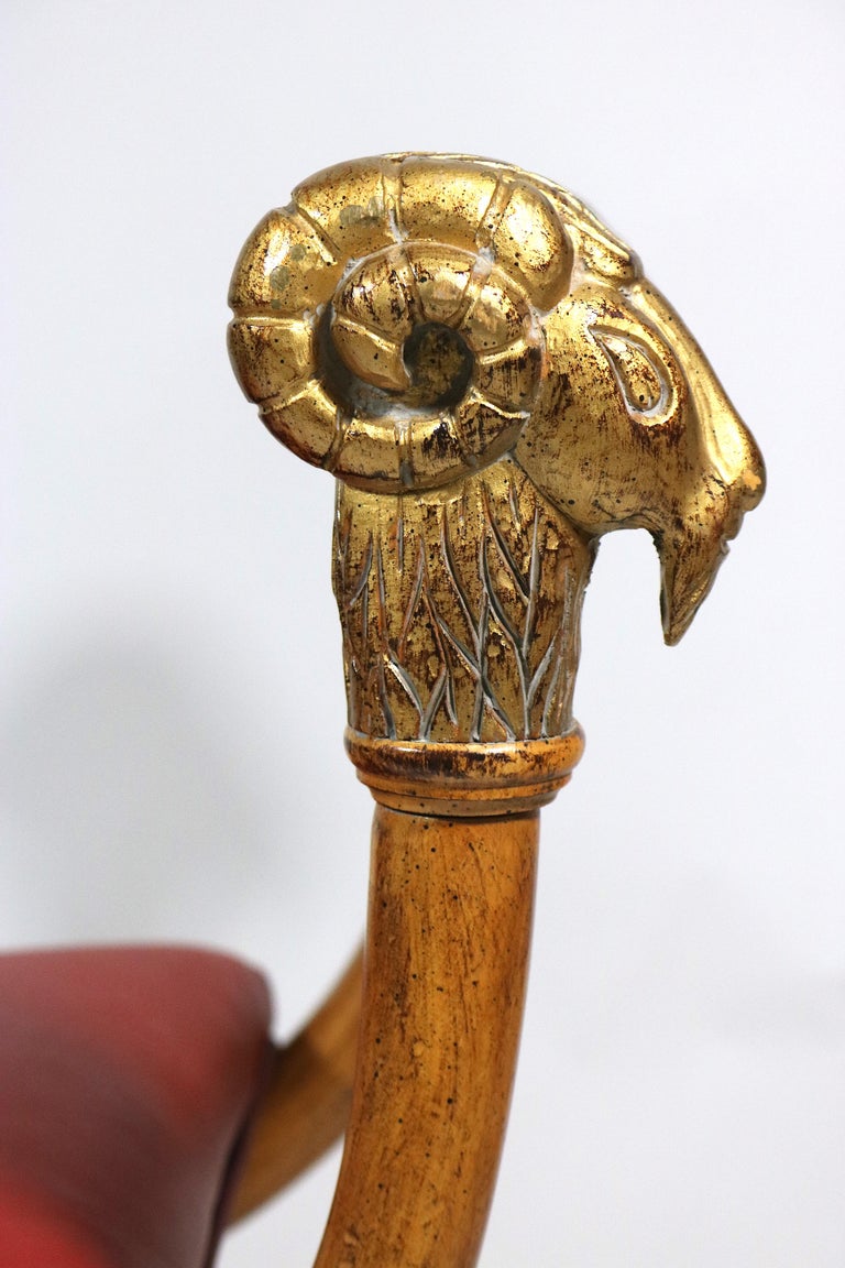 Exotic Ram &Hoof Wood Carved Gilt Bench Egyptian Revival-Red Leather ...