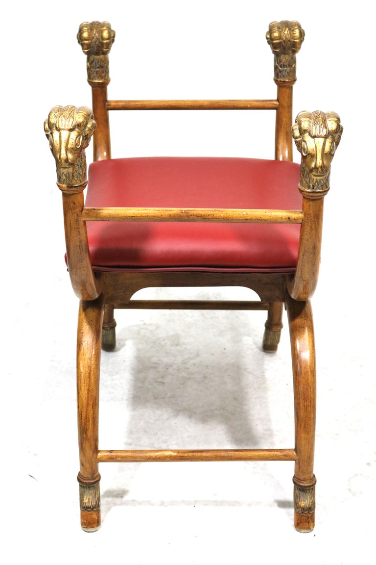 Exotic Ram &Hoof Wood Carved Gilt Bench Egyptian Revival-Red Leather ...