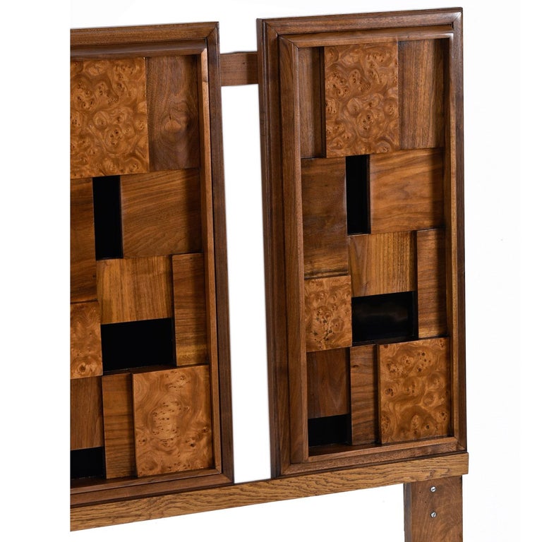 Exotic Wood and Glass Block Mosaic Brutalist King Headboard Bed For ...