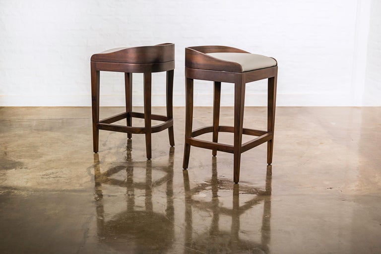 Set of 4 Exotic Wood and Leather Counter Stools from Costantini, (In ...