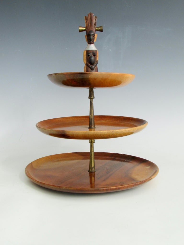Exotic wood stepped trivet or serving tray with carved Tiki finial For ...