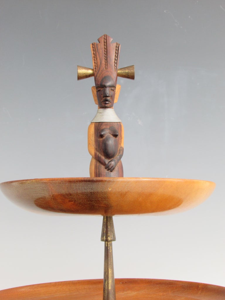 Exotic wood stepped trivet or serving tray with carved Tiki finial For ...