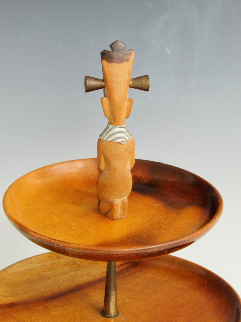 Exotic wood stepped trivet or serving tray with carved Tiki finial For ...