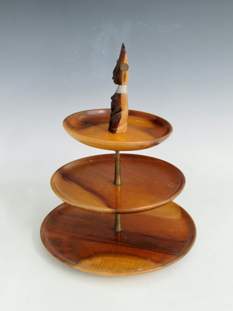 Exotic wood stepped trivet or serving tray with carved Tiki finial For ...