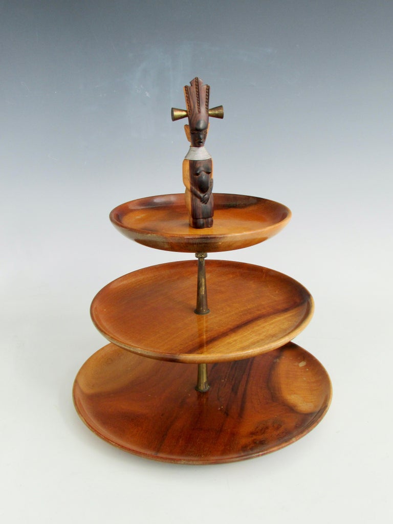 Exotic wood stepped trivet or serving tray with carved Tiki finial For ...