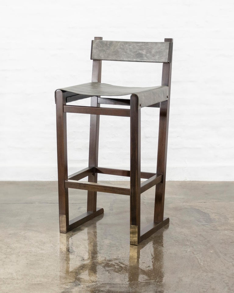 Exotic Wood Stool with Leather Seat and Bronze from Costantini, Piero ...