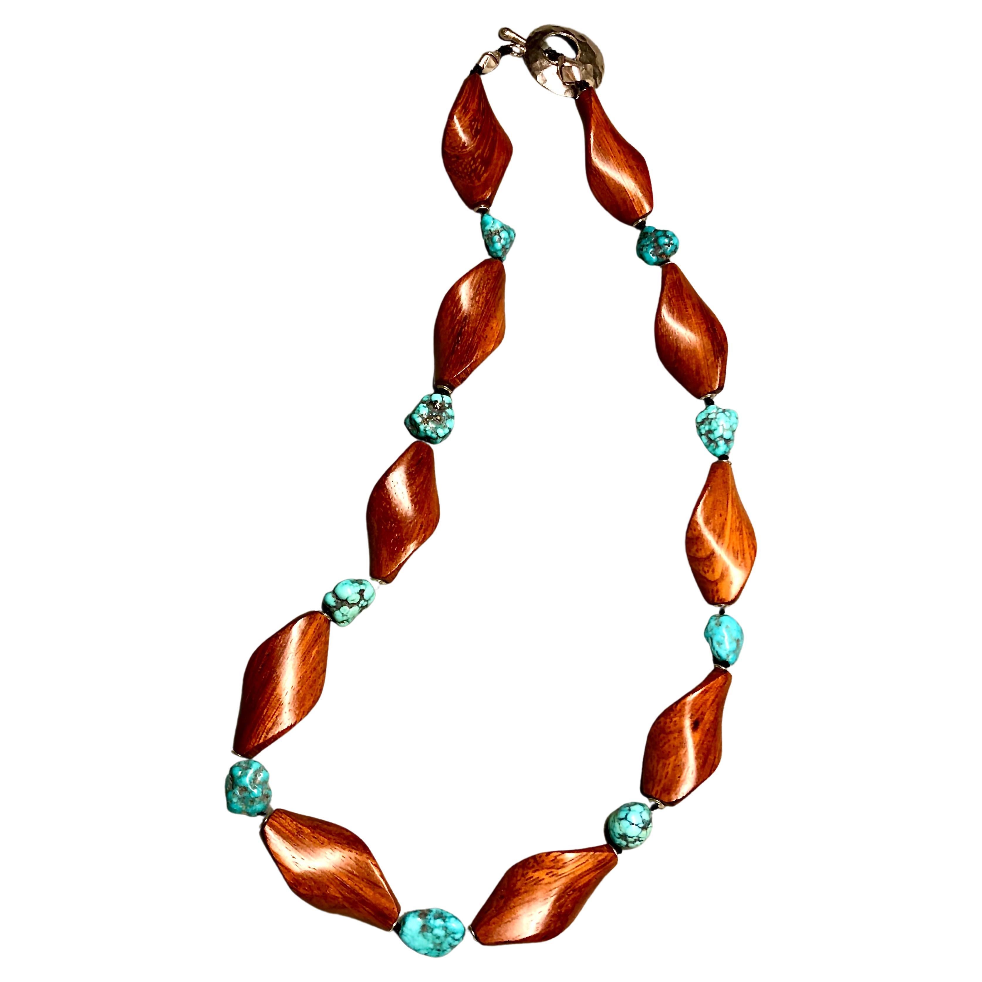 Exotic wooden beads necklace with turquoise nuggets, sterling silver ...