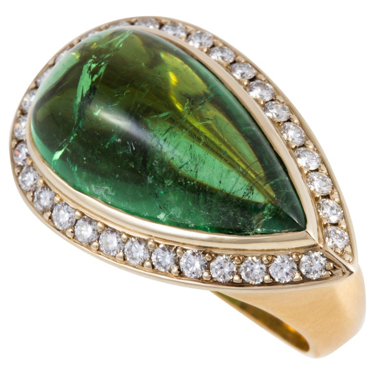 Exquisite 12.4 carat Green Tourmaline Cabochon Ring set in 18 karat ...