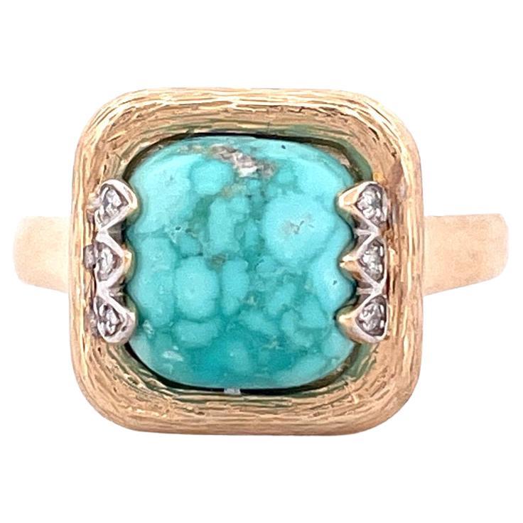 Oval Turquoise And Diamond Ring 14K Yellow Gold For Sale at 1stDibs