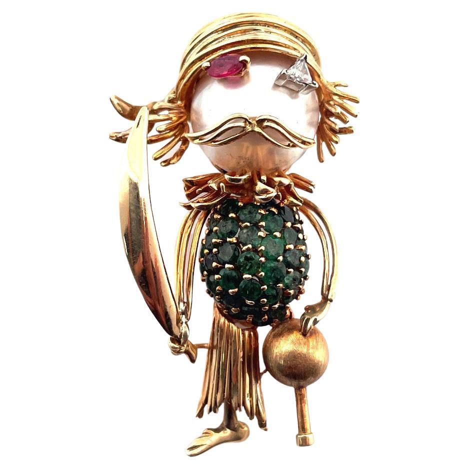 Exquisite 18k Two Tone Dessin Paris Emerald Pirate Brooch For Sale at ...