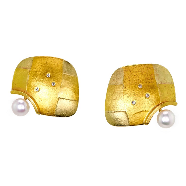 Exquisite 1980s Betsy Fuller Asymmetrical Yellow Gold Diamond and Pearl ...