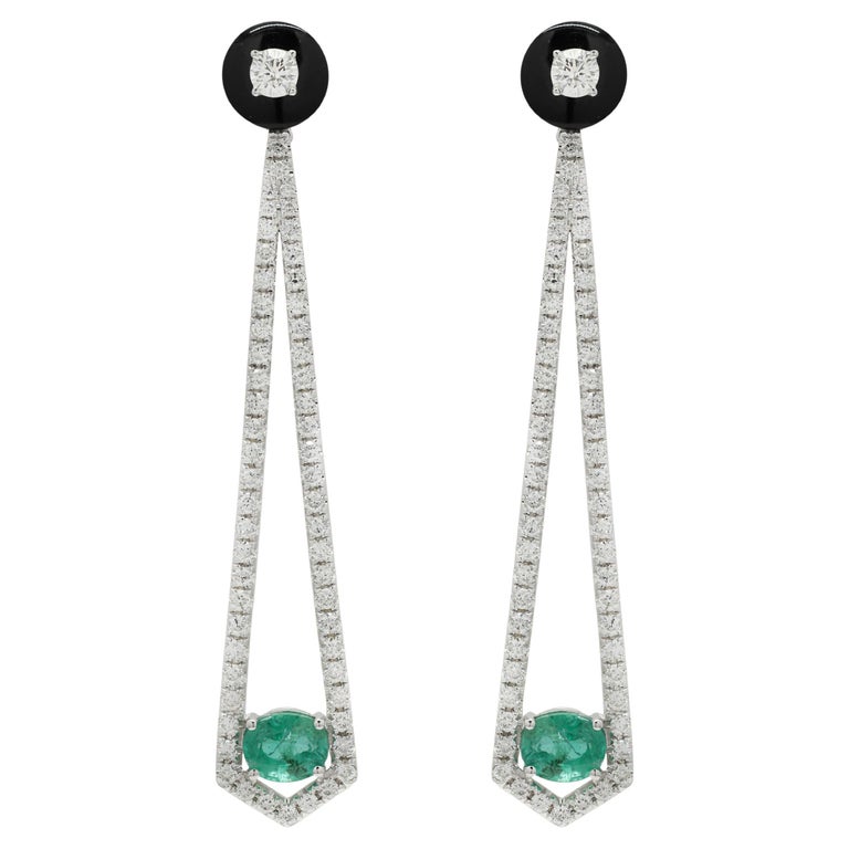 Exquisite Emerald Diamond Long Dangle Cocktail Earrings in 14K Solid ...