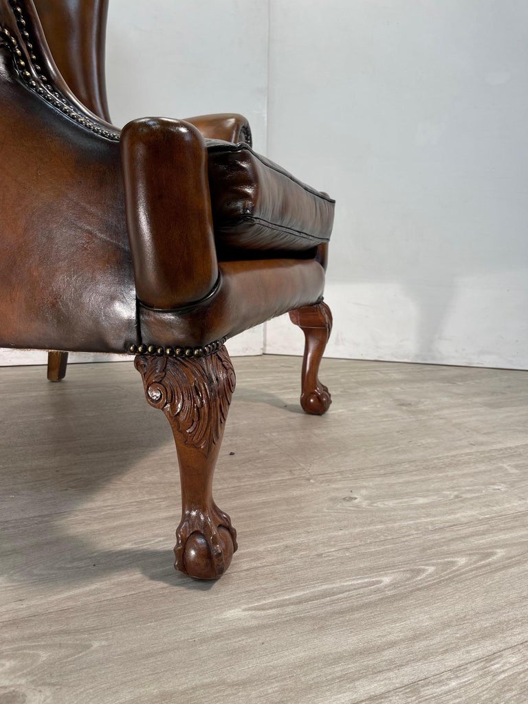 Exquisite Extra Large Restored Brown Leather Wingback Armchair Claw and ...