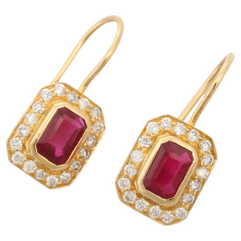 Exquisite Octagon 1.13 Ct Ruby Hook Earrings with Diamonds in 14K ...