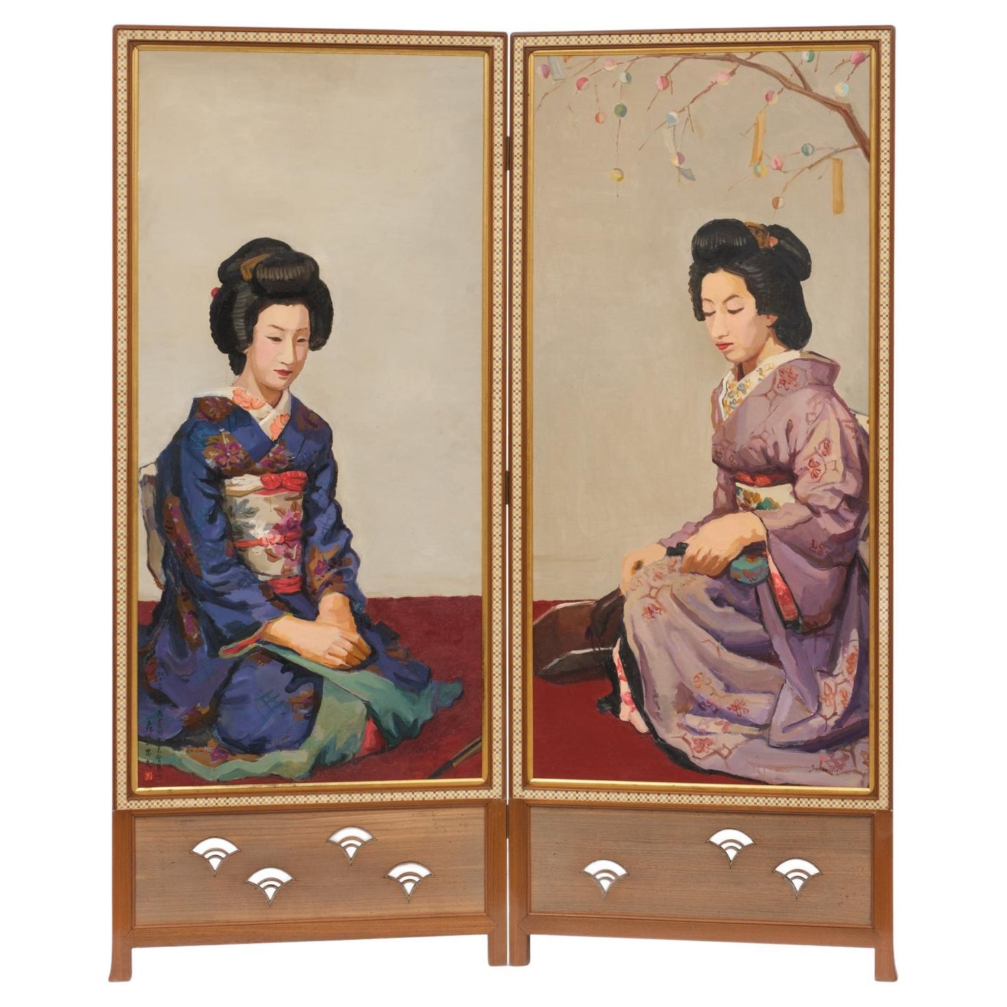 Vintage Japanese Gouache Painting of 'Geisha' on Silk at 1stDibs
