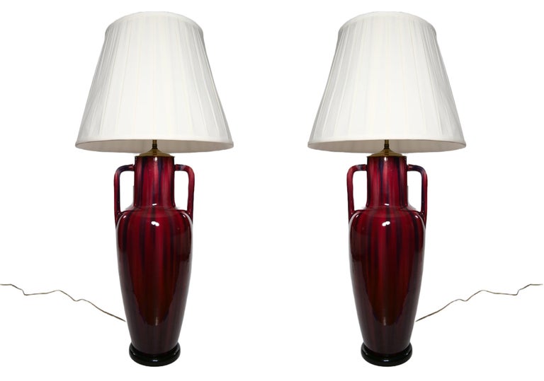 Exquisite Pair Flambé Porcelain / Black Wood Table Lamp For Sale at 1stDibs