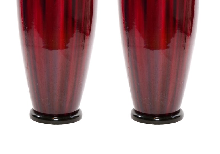 Exquisite Pair Flambé Porcelain / Black Wood Table Lamp For Sale at 1stDibs