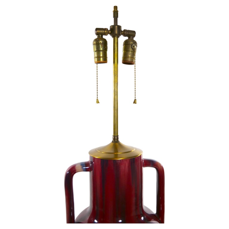 Exquisite Pair Flambé Porcelain / Black Wood Table Lamp For Sale at 1stDibs