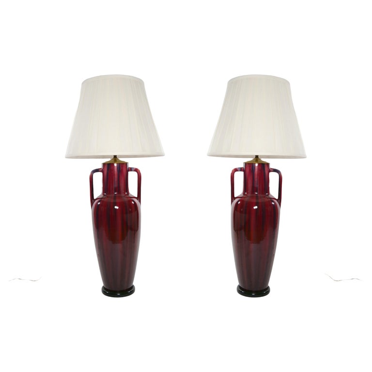 Exquisite Pair Flambé Porcelain / Black Wood Table Lamp For Sale at 1stDibs