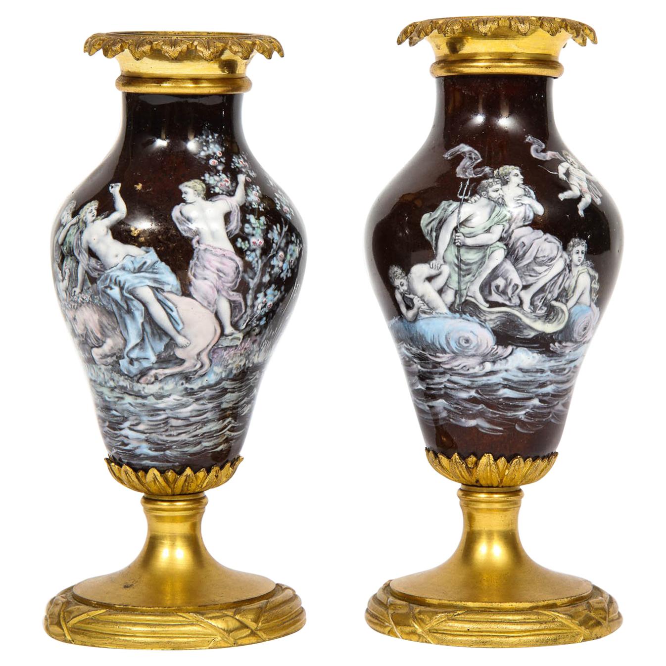 Exquisite Pair of French Bronze-Mounted Limoges Enamel Vases at 1stDibs