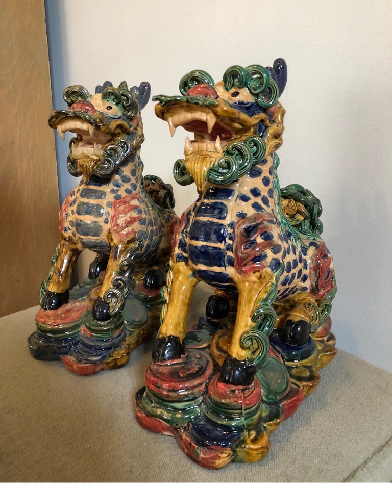 Exquisite Pair of Glazed Porcelain Foo Dogs For Sale at 1stDibs