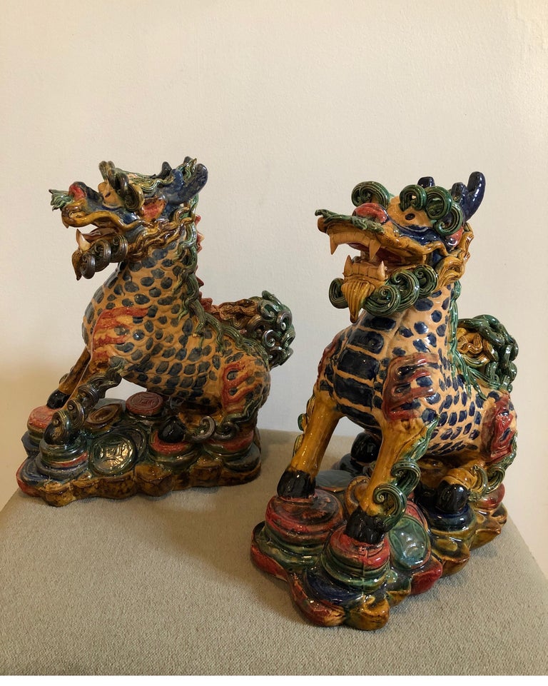 Exquisite Pair of Glazed Porcelain Foo Dogs For Sale at 1stDibs