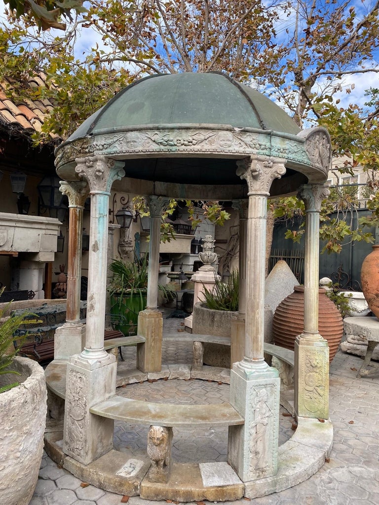Exquisite Rotunda Structure Kiosk Copper and Carved Stone Bench Seating ...