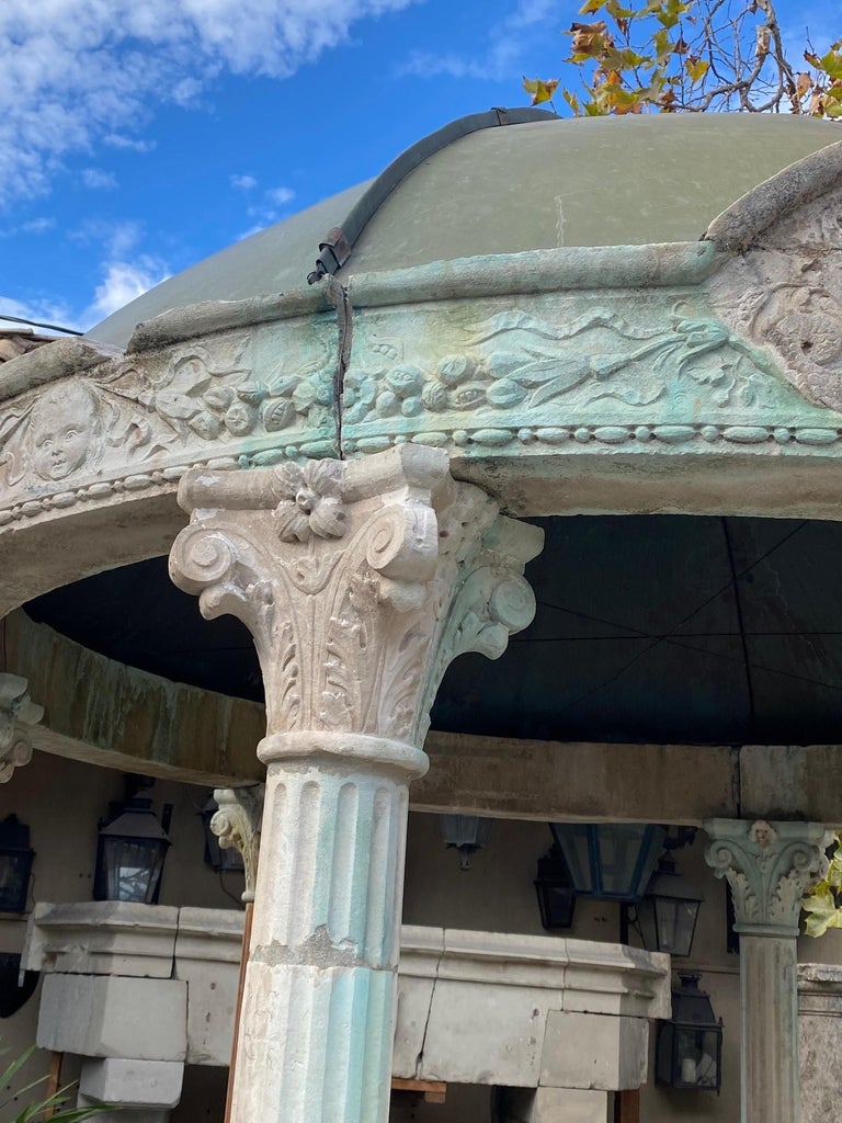 Exquisite Rotunda Structure Kiosk Copper and Carved Stone Bench Seating ...