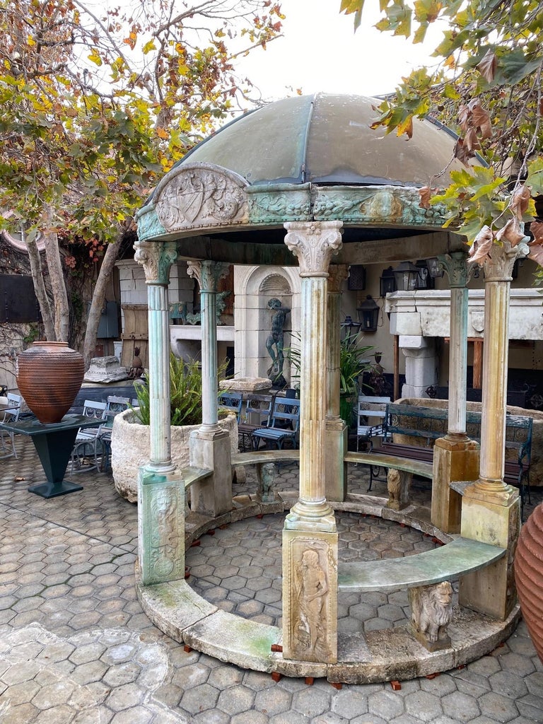 Exquisite Rotunda Structure Kiosk Copper and Carved Stone Bench Seating ...