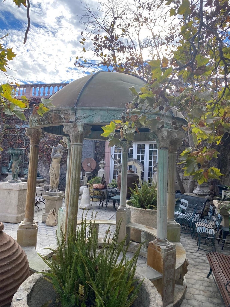 Exquisite Rotunda Structure Kiosk Copper and Carved Stone Bench Seating ...