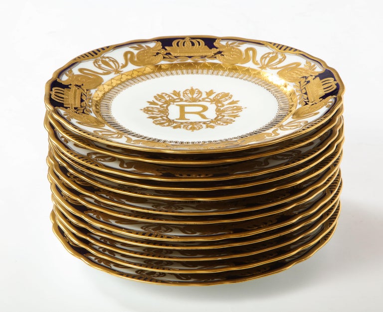 Exquisite Set of 12 Sevres Porcelain Royal Dinner Plates with "R ...