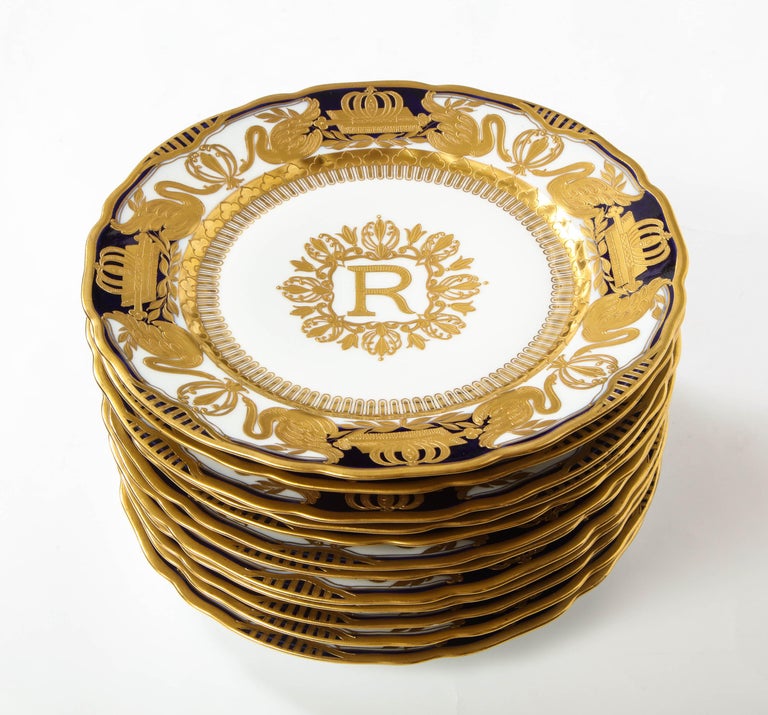 Exquisite Set of 12 Sevres Porcelain Royal Dinner Plates with "R ...