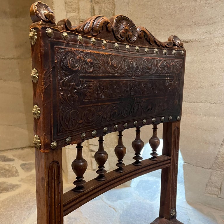 Exquisitely Carved French Oak Embossed Leather Lion Dining Chairs 1880s ...