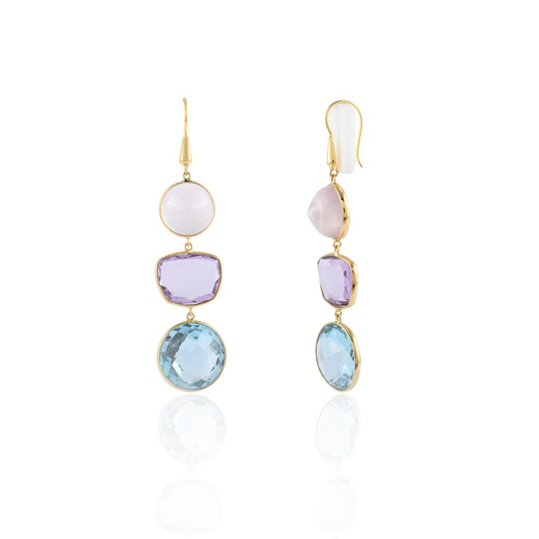 Exquisitely Handmade 60.1 Carat Multi Stone Long Earrings in 14k Yellow ...