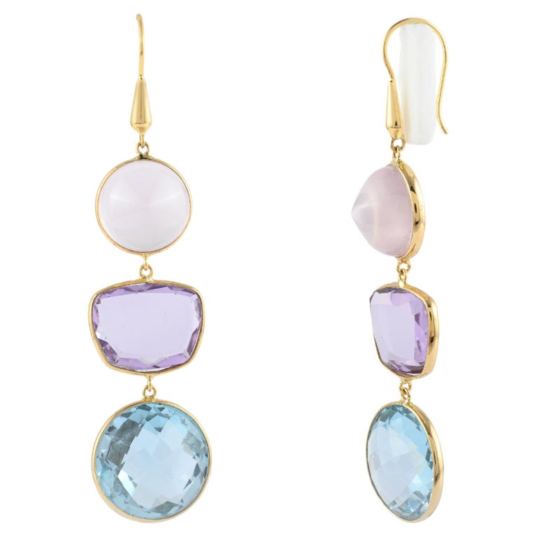 Exquisitely Handmade 60.1 Carat Multi Stone Long Earrings in 14k Yellow ...