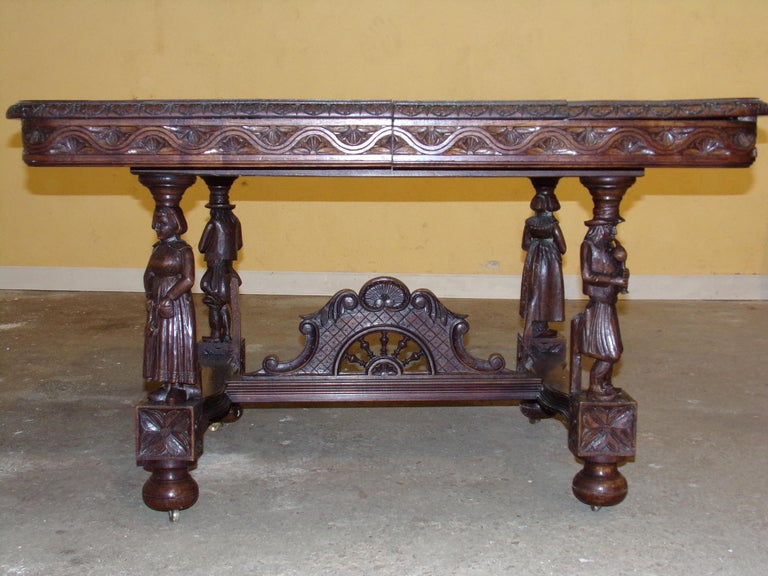 Extending Carved Oak Breton Dining Table, circa 1890 For Sale at 1stDibs