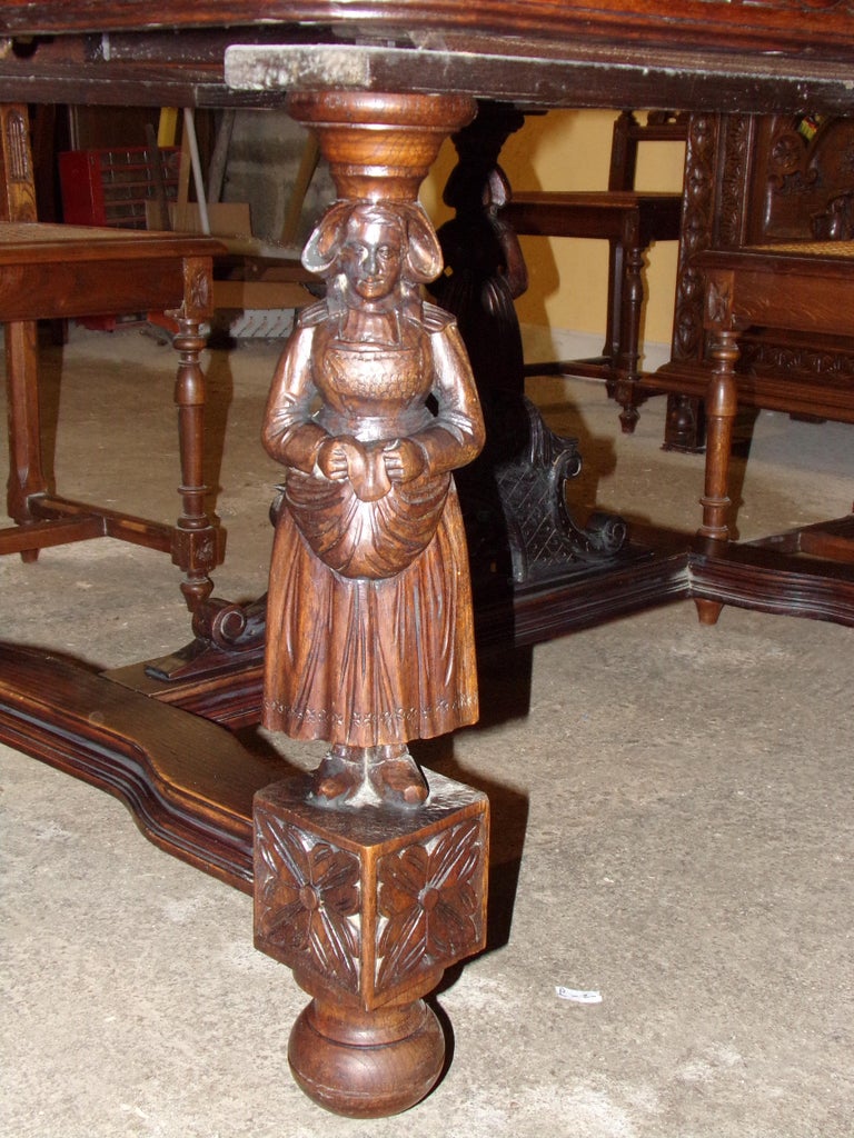 Extending Carved Oak Breton Dining Table, circa 1890 For Sale at 1stDibs
