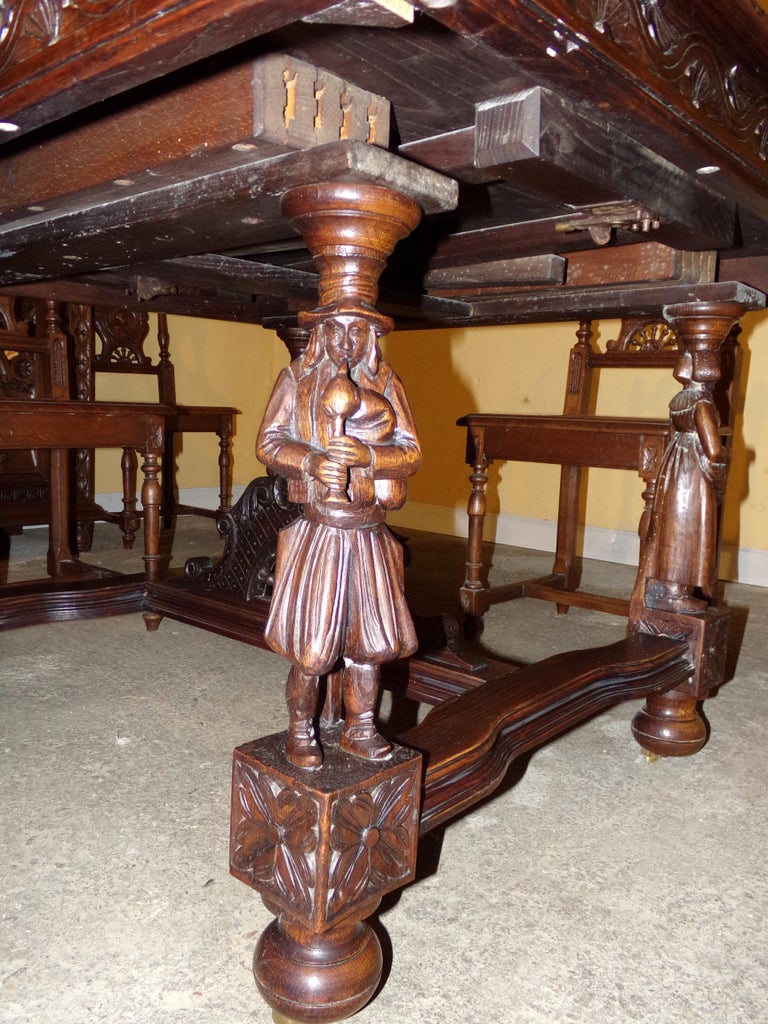 Extending Carved Oak Breton Dining Table, circa 1890 For Sale at 1stDibs