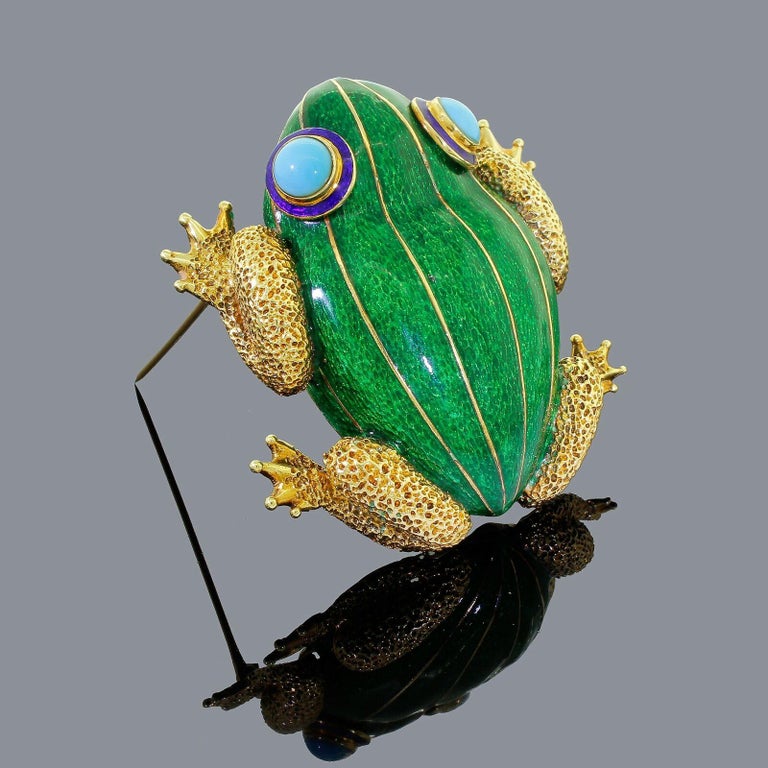 Extra Large 14k Gold Green Enamel Blue Turquoise Tree Frog Pin Brooch ...