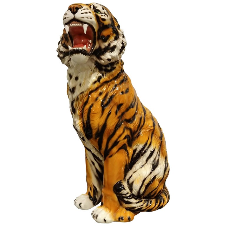 Extra Large Ceramic Hand Painted Tiger, 1970s, Italy at 1stDibs