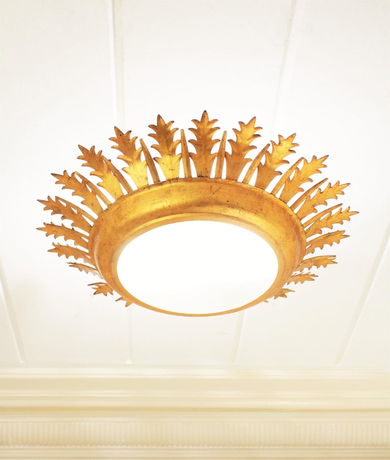 Extra Large Gilt Iron Crown Sunburst Ceiling Light Fixture with Frosted ...