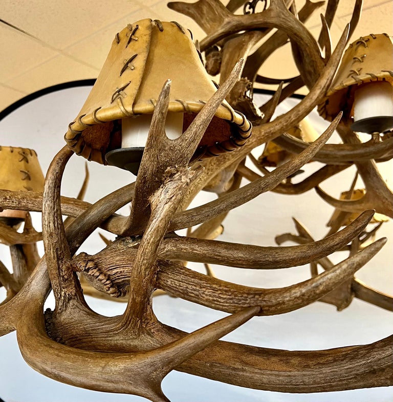 Extra Large Resin Deer Antler Chandelier with Real Deer Hide Shades For ...