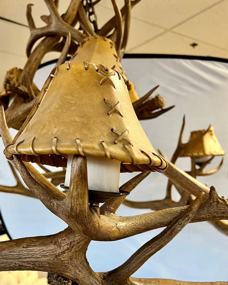 Extra Large Resin Deer Antler Chandelier with Real Deer Hide Shades For ...