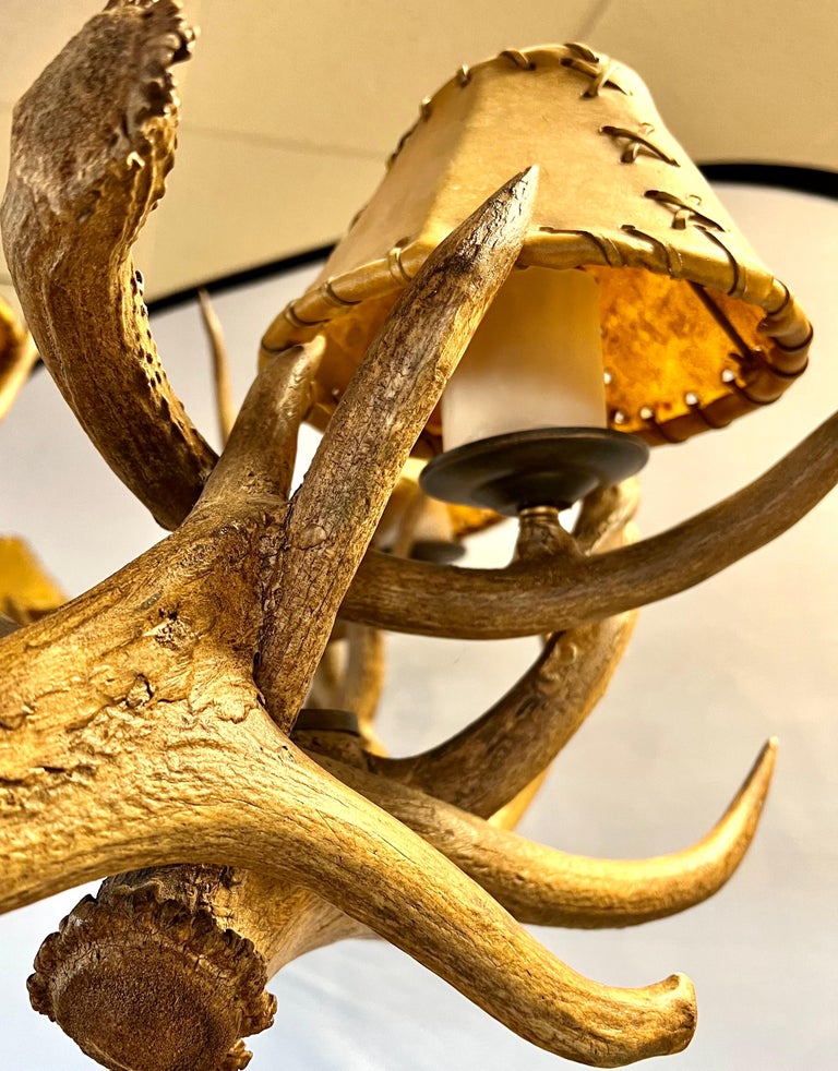 Extra Large Resin Deer Antler Chandelier with Real Deer Hide Shades For ...