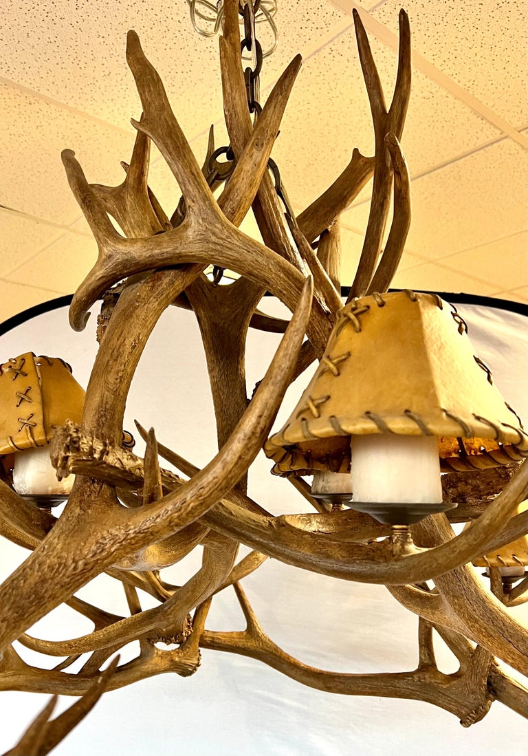Extra Large Resin Deer Antler Chandelier with Real Deer Hide Shades For ...