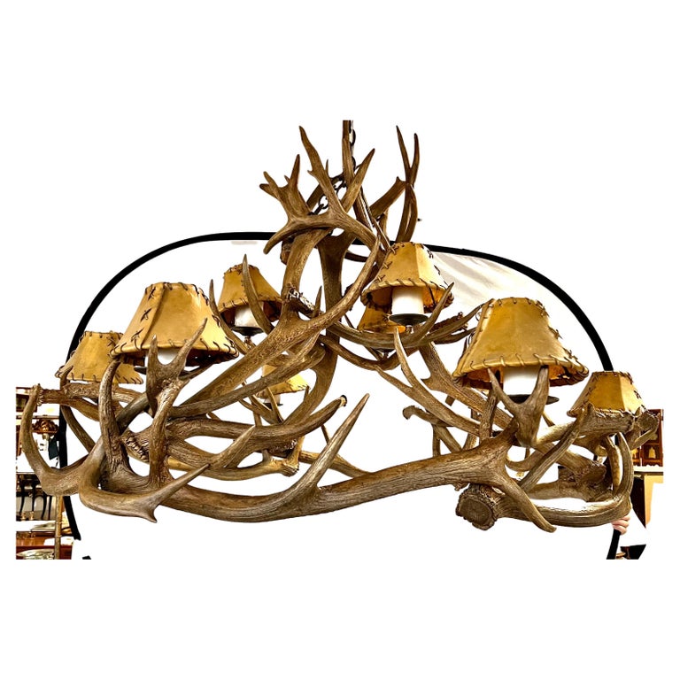 Extra Large Resin Deer Antler Chandelier with Real Deer Hide Shades 48 ...