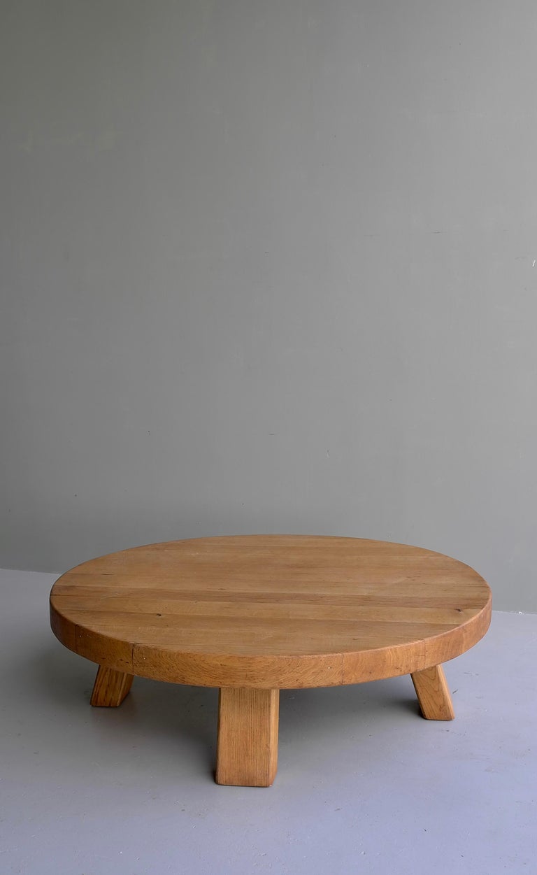 Extra Large Solid Oak Round Coffee Table, France, 1960s at 1stDibs
