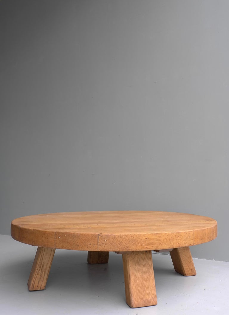 Extra Large Solid Oak Round Coffee Table, France, 1960s at 1stDibs