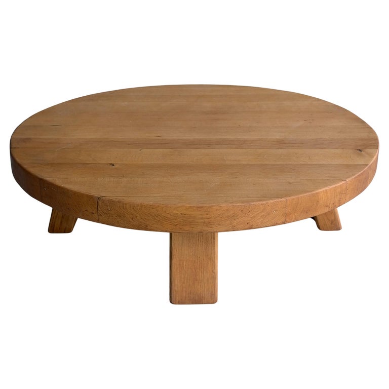 Extra Large Solid Oak Round Coffee Table, France, 1960s at 1stDibs