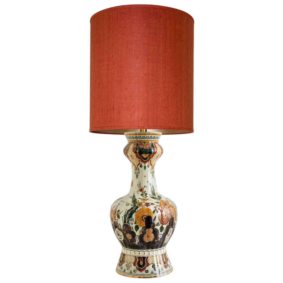 XXL Table Lamp Polychrome Delft 1930 Flowers Hand Painted, Silk Shade ...
